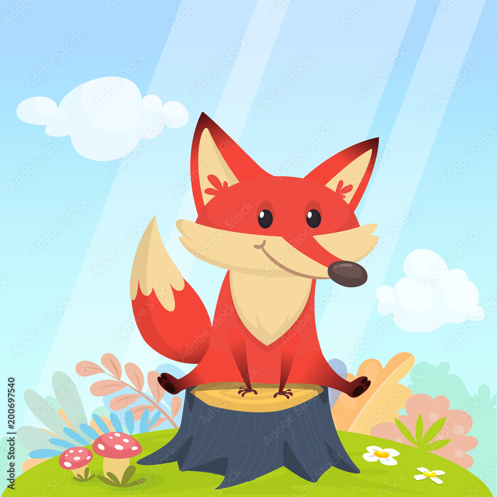 Cartoon happy fox sitting on tree stump. Vector illustration Stock ...