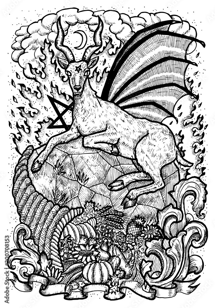 Goat symbol with horn of abundance, hell fire and diabolic sign ...