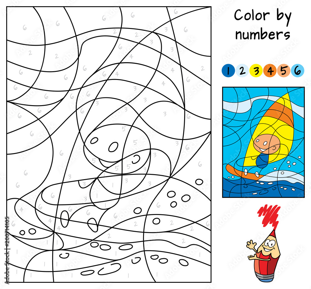 Windsurfing. Color by numbers. Educational puzzle game for children ...