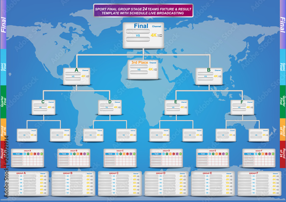 Sport fixture and result template for final round 24 teams group stage ...