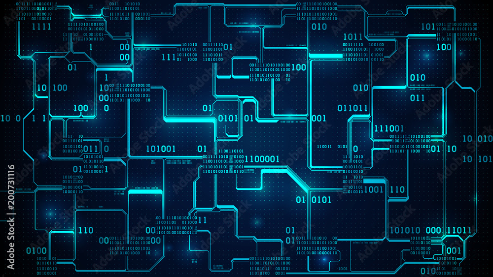 Abstract futuristic electronic circuit board with binary code, neural ...