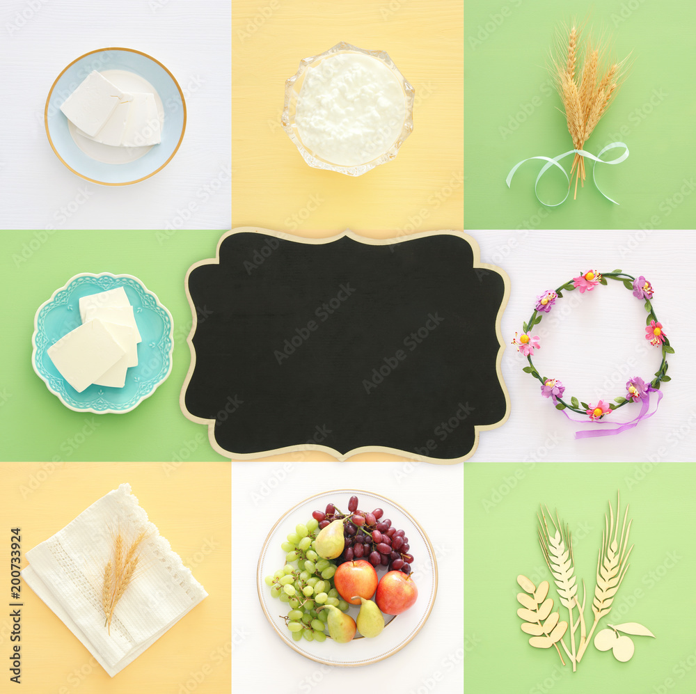 Top view collage image of dairy products and fruits. Symbols of jewish ...