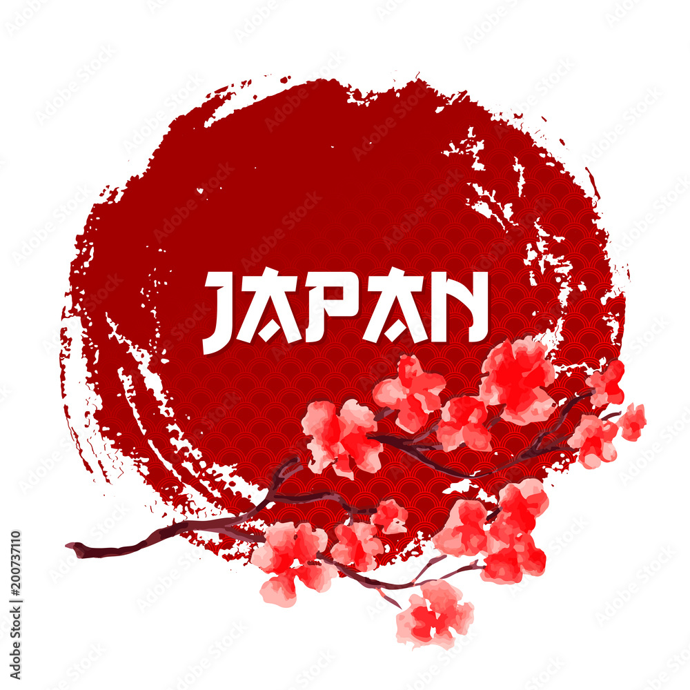 Sakura On Red Sun Background. Japan Red Circle Sign Template Isolated ...