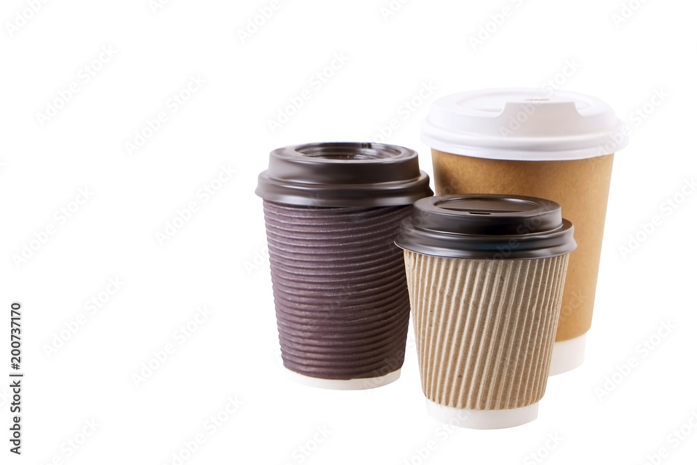 Three brown carton double walled paper cups, different sizes, take out ...