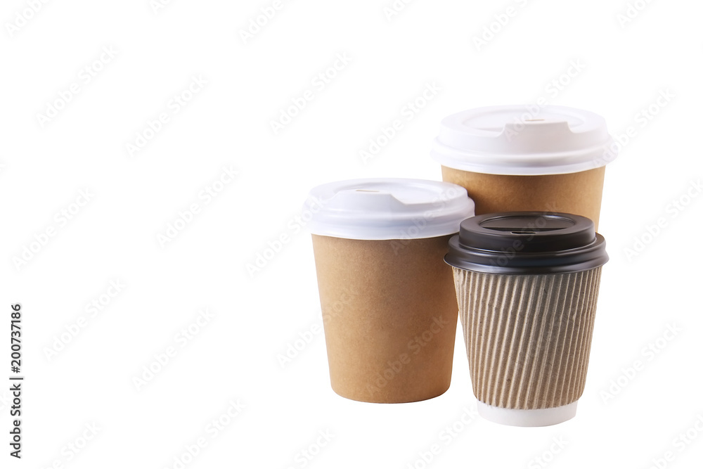 Three brown carton double walled paper cups, different sizes, take out ...