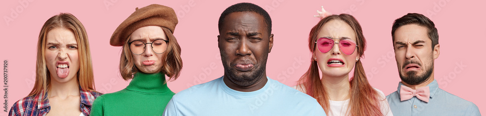 Collage of diverse displeased people have disgusting expressions, frown ...