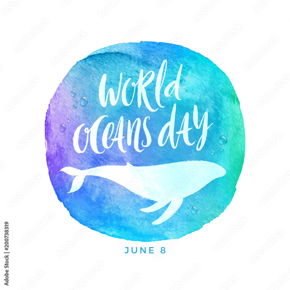 World oceans day emblem - brush calligraphy and whale silhouette on a ...