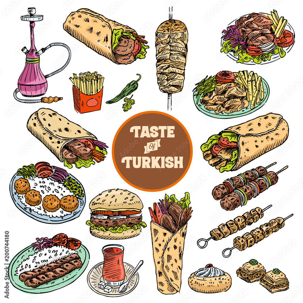 Hand drawn Turkish food, Vector Illustration Stock Vector | Adobe Stock