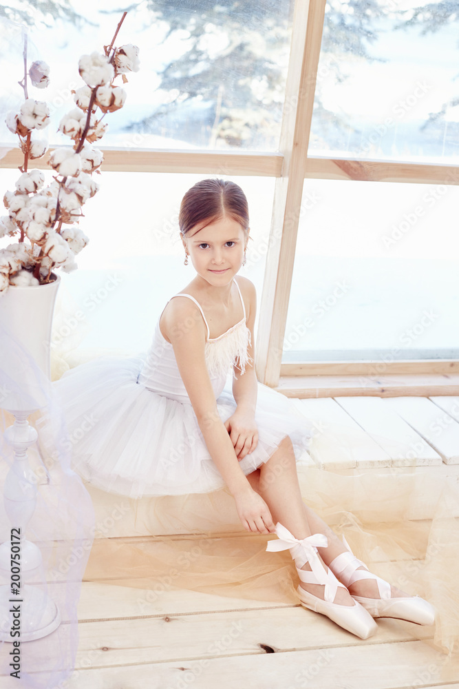 Young ballerina girl is preparing for a ballet performance. Little ...