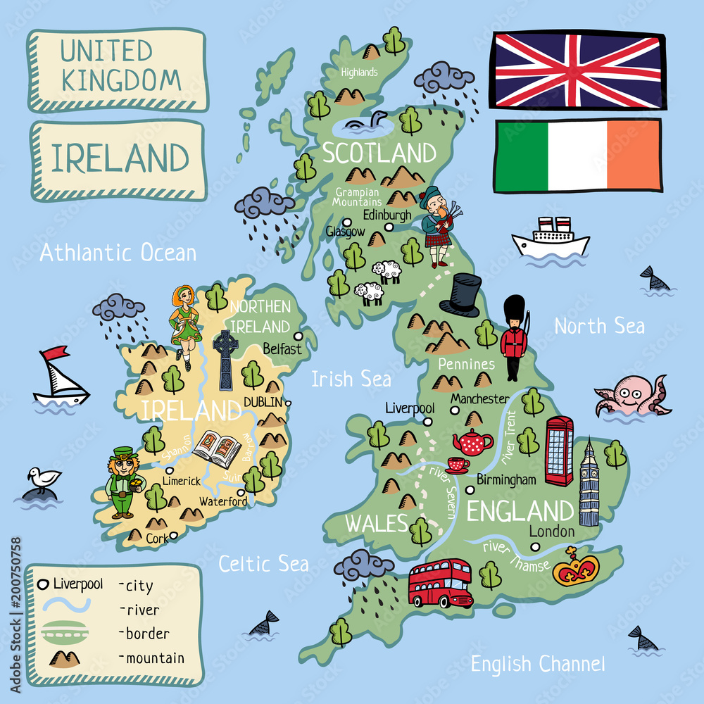 Cartoon map of United Kingdom and Ireland Stock Illustration | Adobe Stock