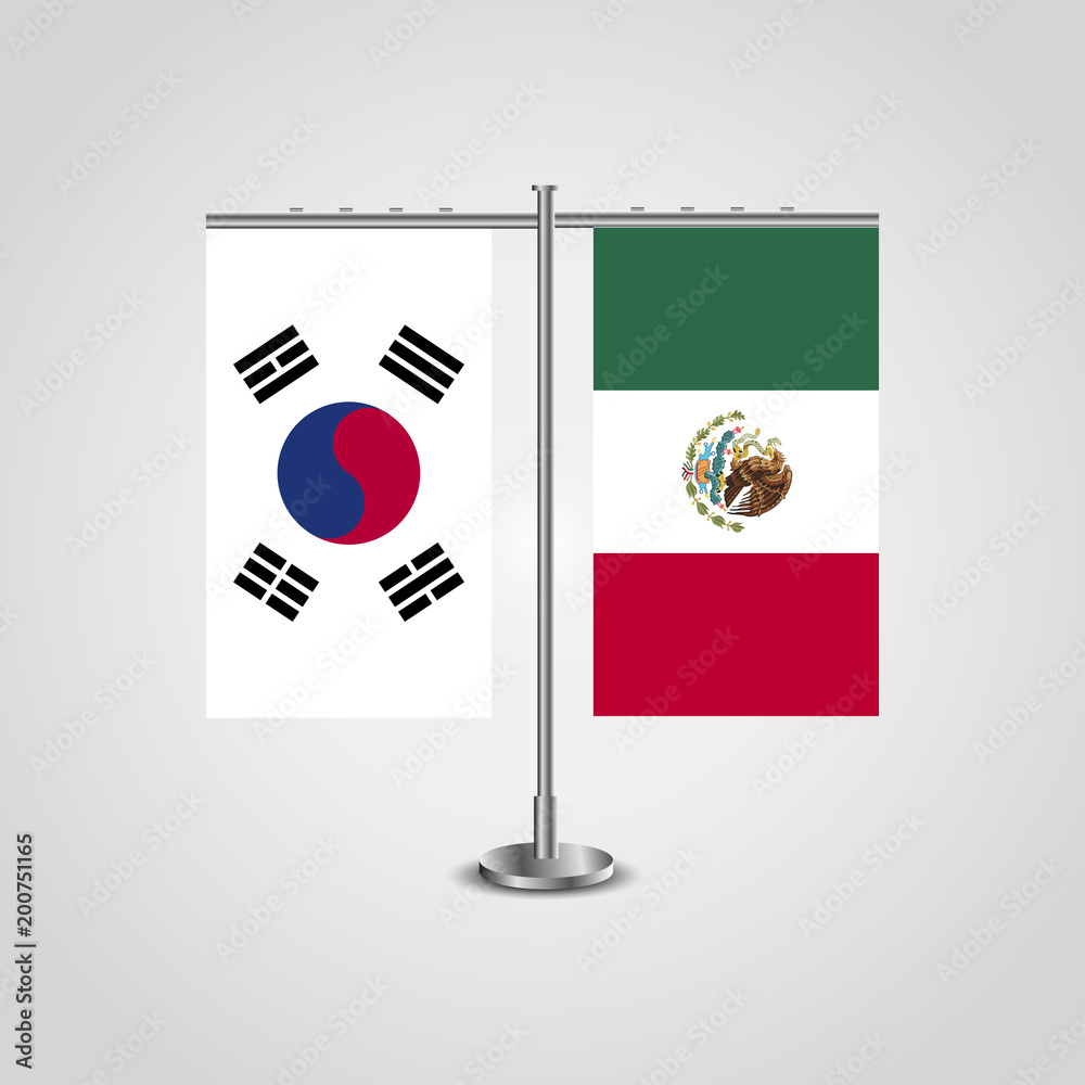 Table stand with flags of South Korea and Mexico.Two flag. Flag pole ...
