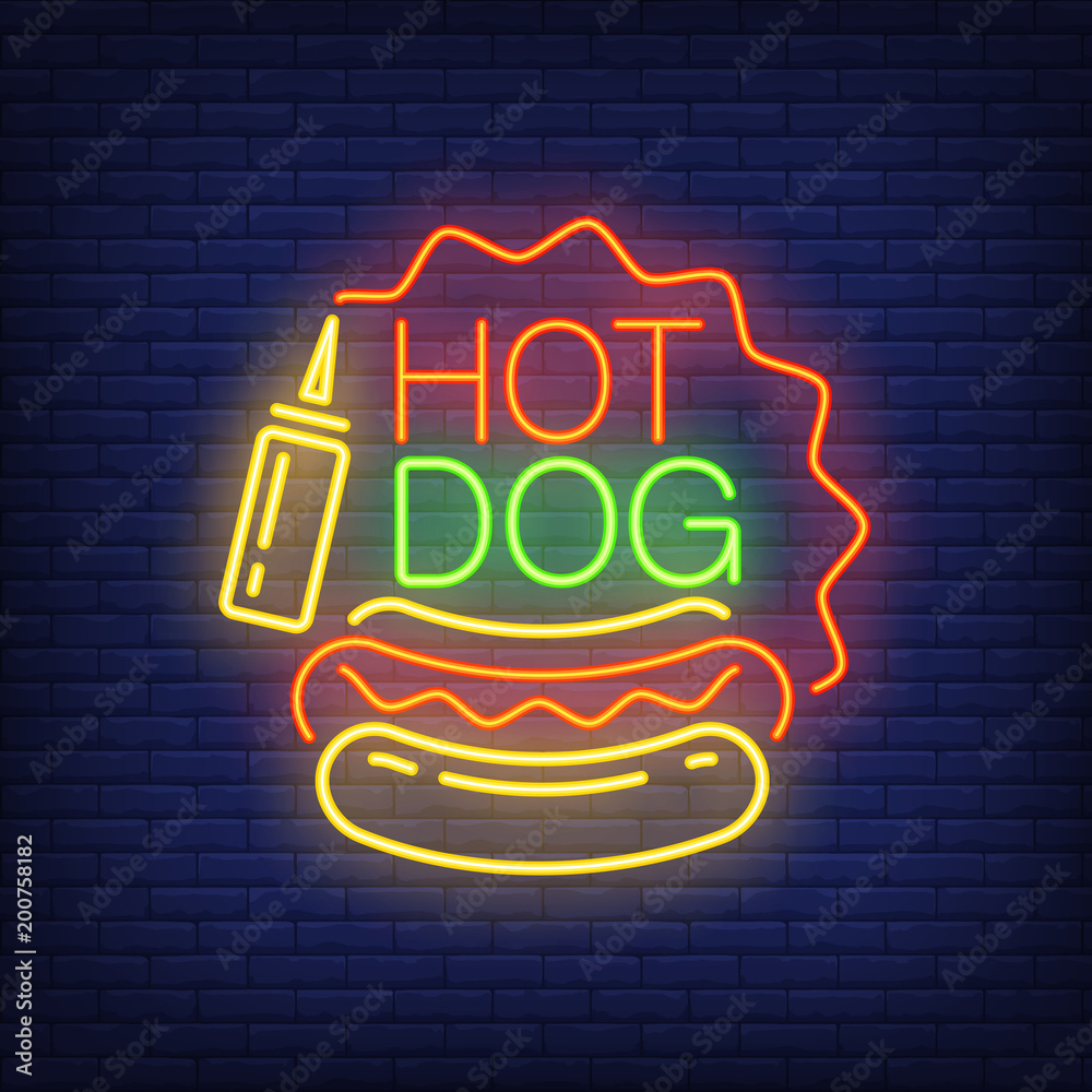 Hot dog neon sign. Sausage loaf, mustard and star shaped frame on brick ...