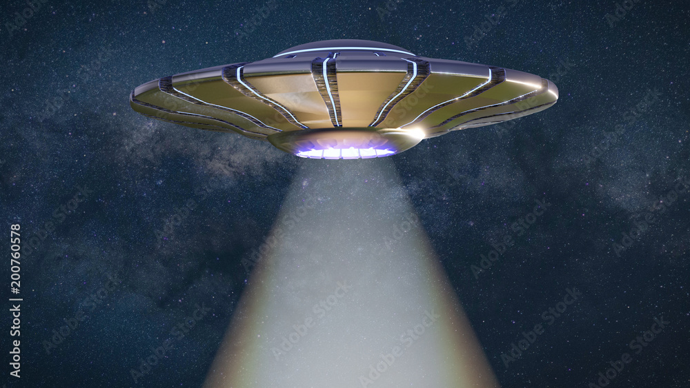 UFO, alien spaceship with light beam in night sky, flying saucer with ...