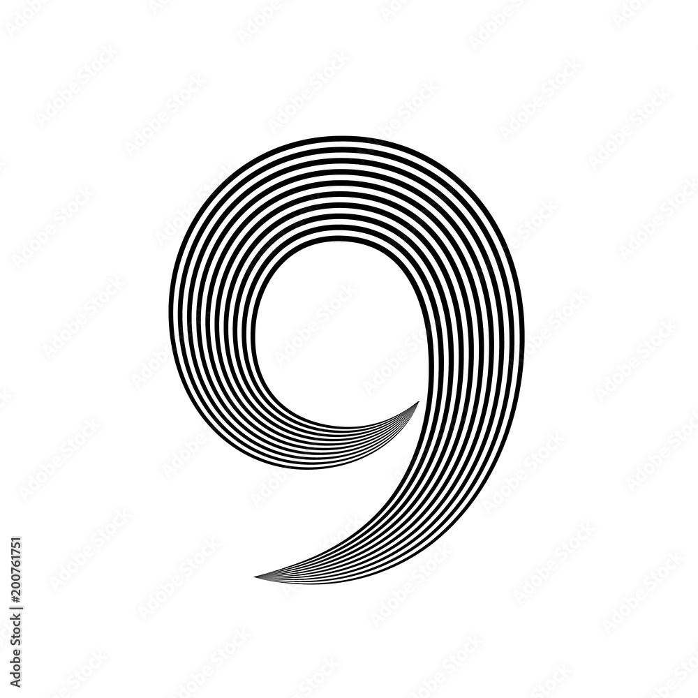 Black and white number nine logo template formed by repeating lines ...