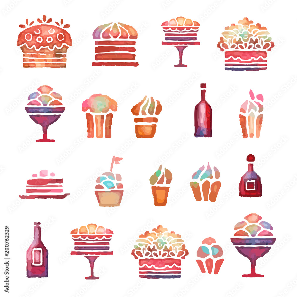 Watercolor cakes, cupcake, pie, ice cream, bottle of wine Stock Vector ...