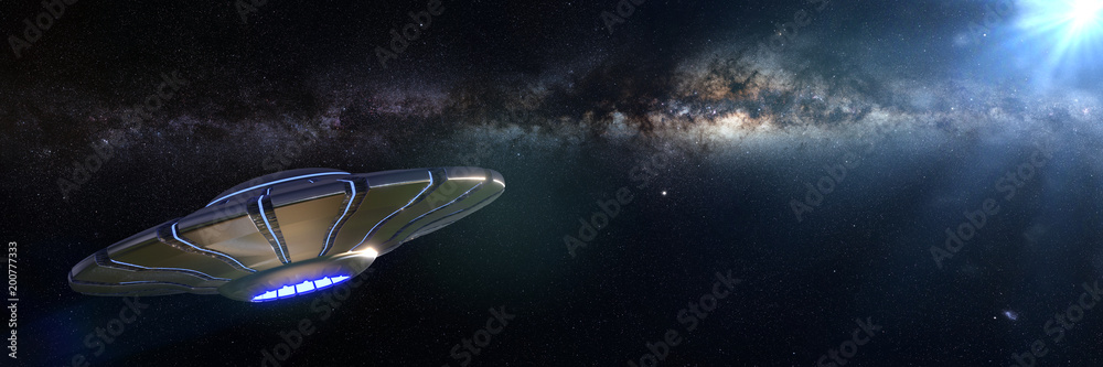 UFO, alien spaceship in outer space, advanced extraterrestrial life in ...