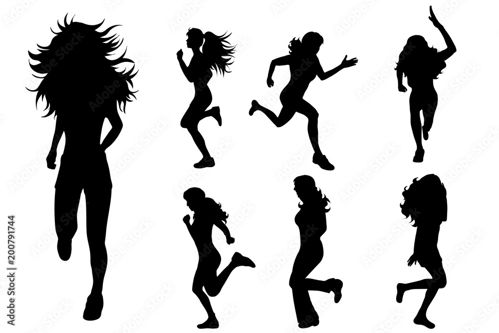 Vector silhouette of woman who running on white background. Stock ...
