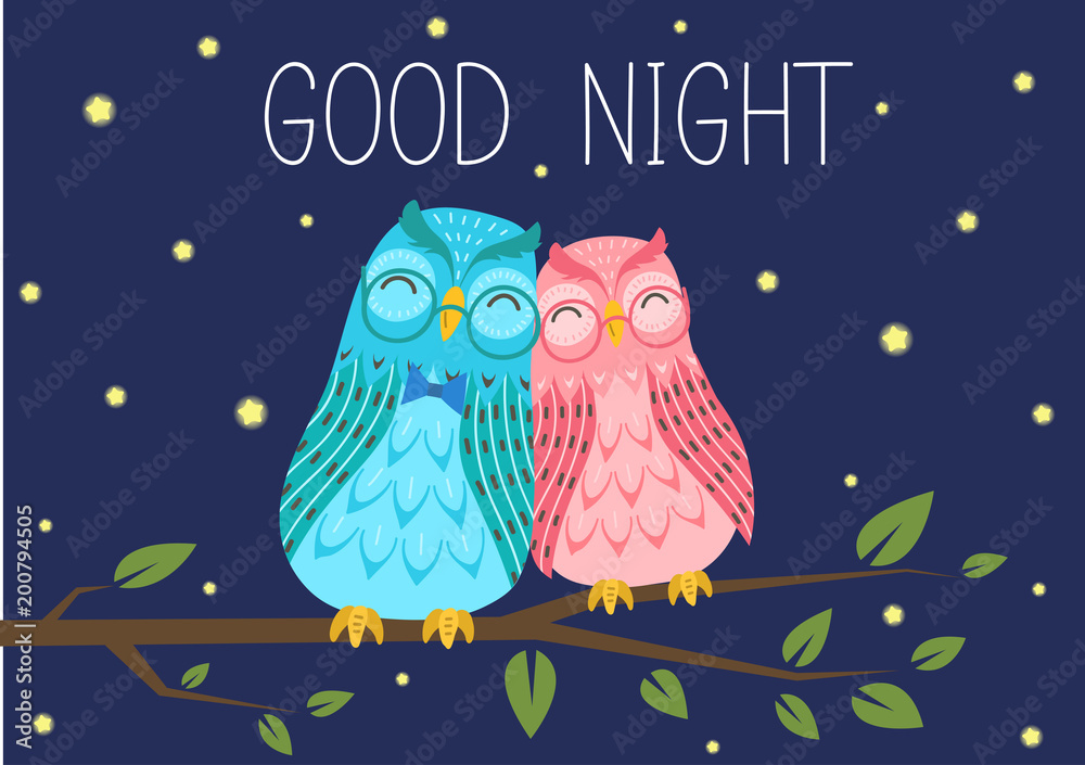 Good night. Sweet owls couple on tree branch under starry sky. Cute ...