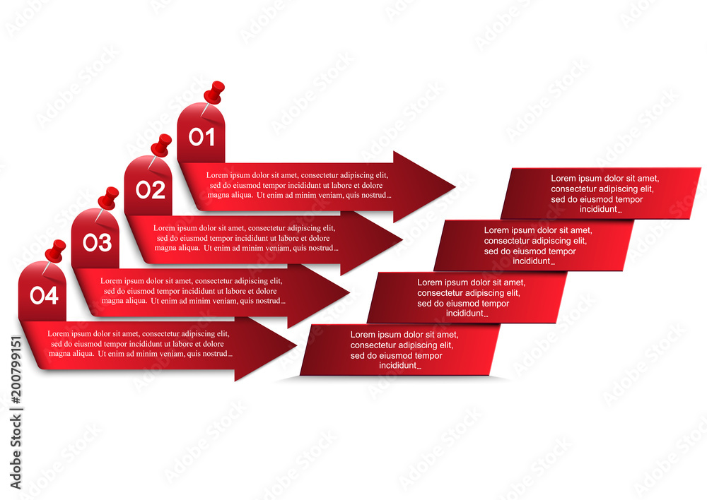 Four steps of the infographics in the form of red arrows that point to ...