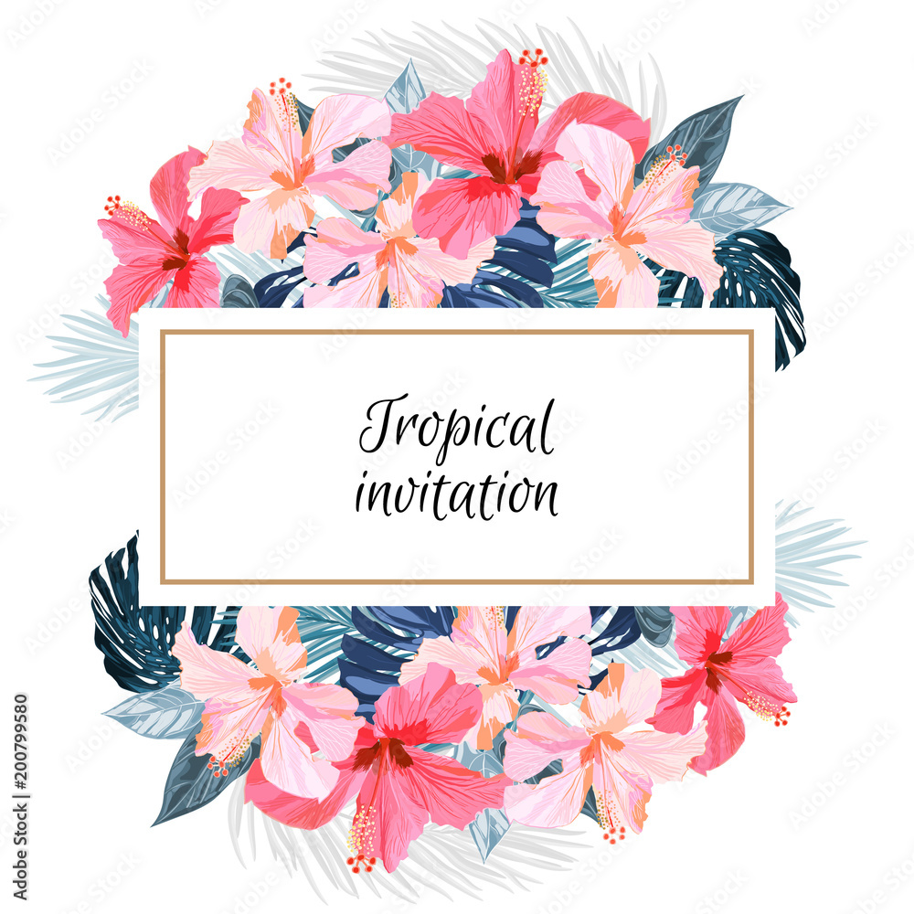 Summer tropical background design with palm leaves and exotic red ...