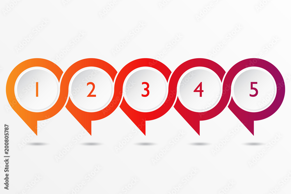Five step infographic design with rounded elements, numbers and shadow ...
