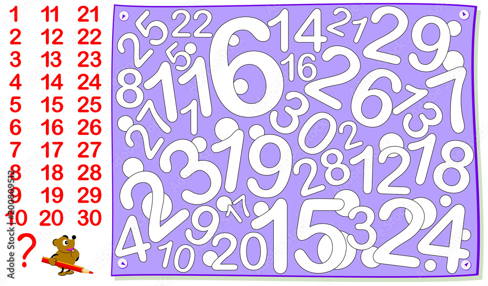Logic puzzle game for young children. Find all the numbers from 1 till ...