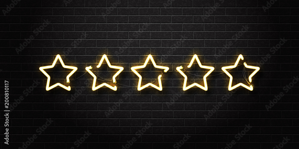 Vector realistic isolated neon sign of five golden stars for decoration ...