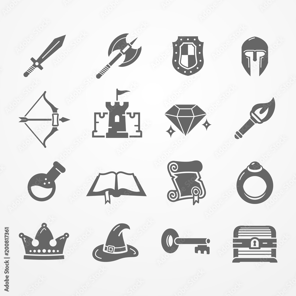 Set of fantasy role play PC game icons in silhouette style. Sword ...