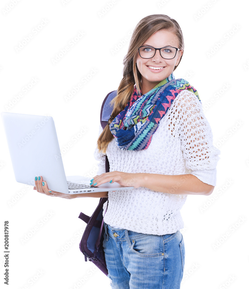 Smiling teenager with laptop on white background. Student. Stock Photo ...
