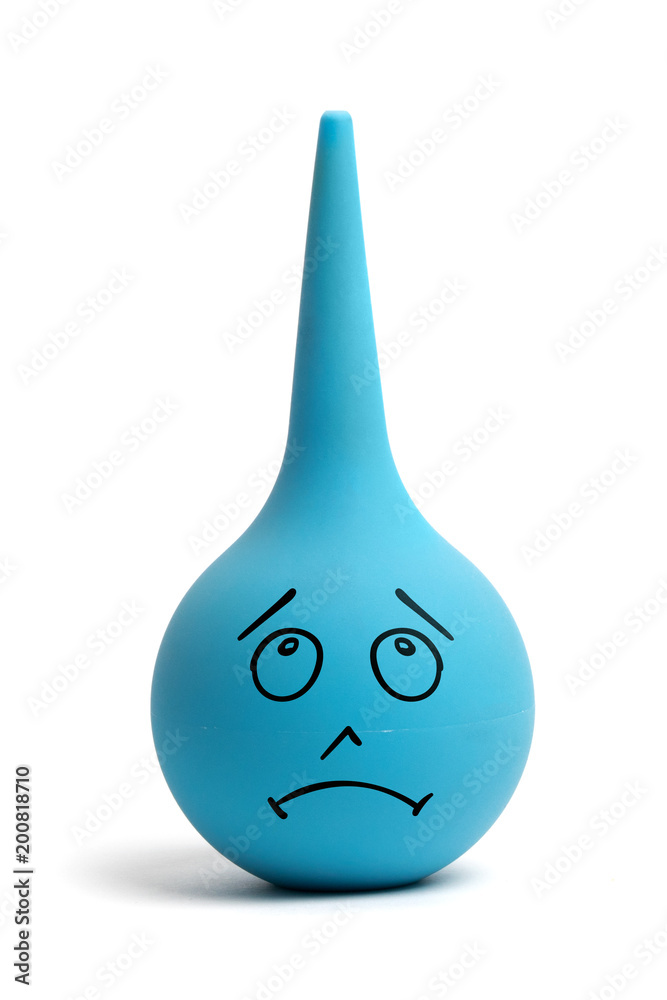 Funny blue cartoon rubber enema with a sad dumpish emotion isolated on ...