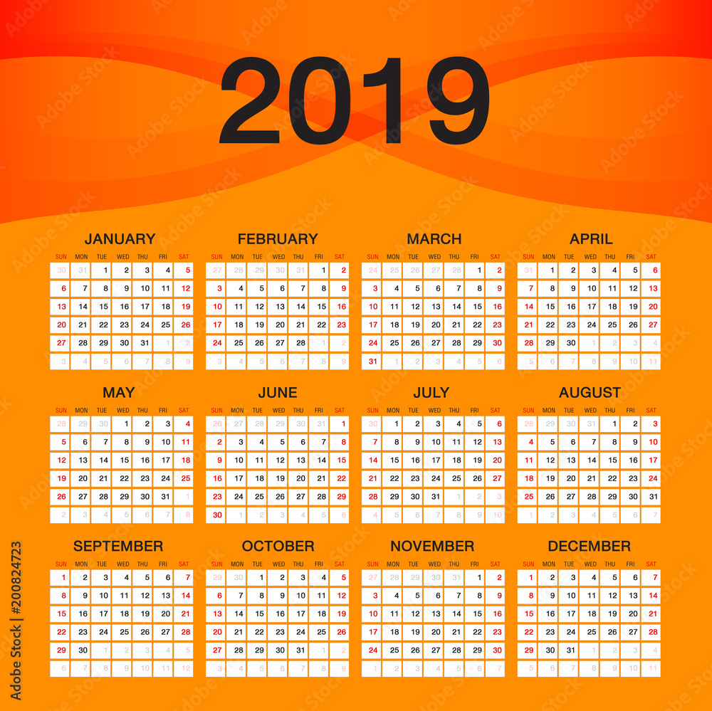 Simple calendar for 2019 Year, Week Starts Sunday, Orange flyer ...