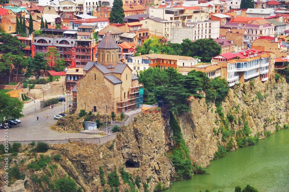 Tourist attraction Metekhi temple of Georgia. Magnificent view from ...