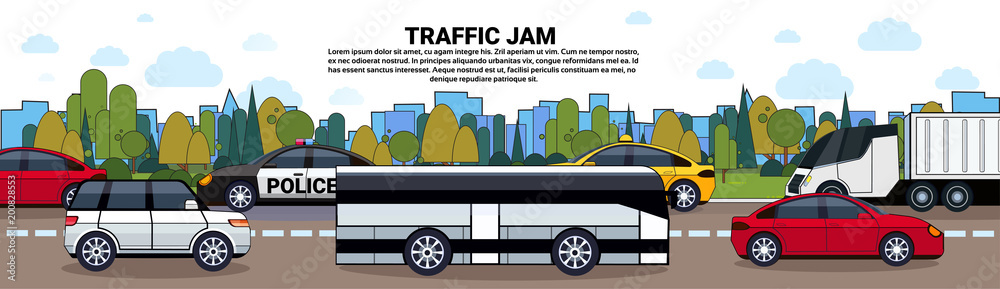Traffic Jam Poster With Cars And Bus On Road Over City Buildings ...