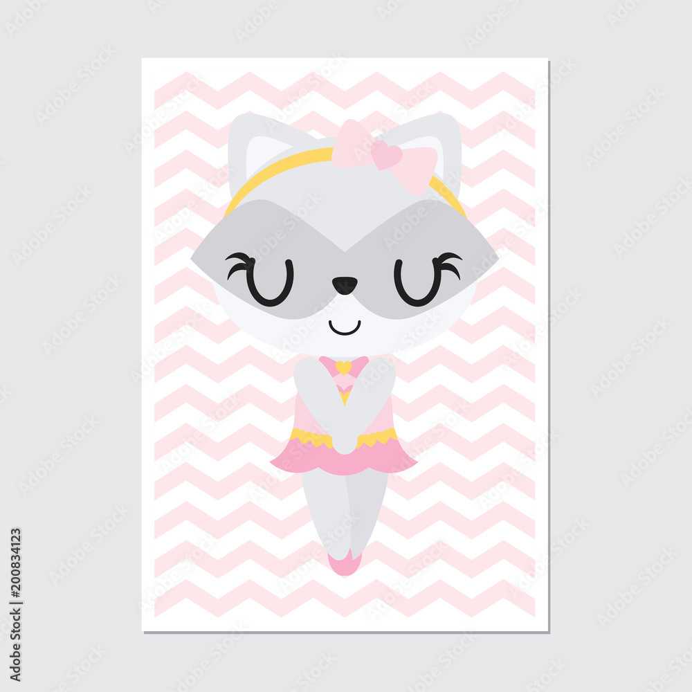 Cute pink raccoon on chevron background vector cartoon illustration for ...
