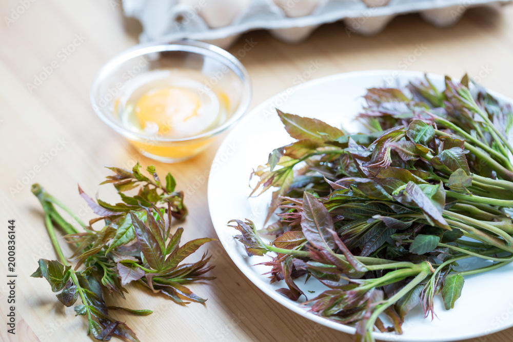 Chinese food, Scrambled Eggs with Toona sinensis, Preparing food. Fresh ...