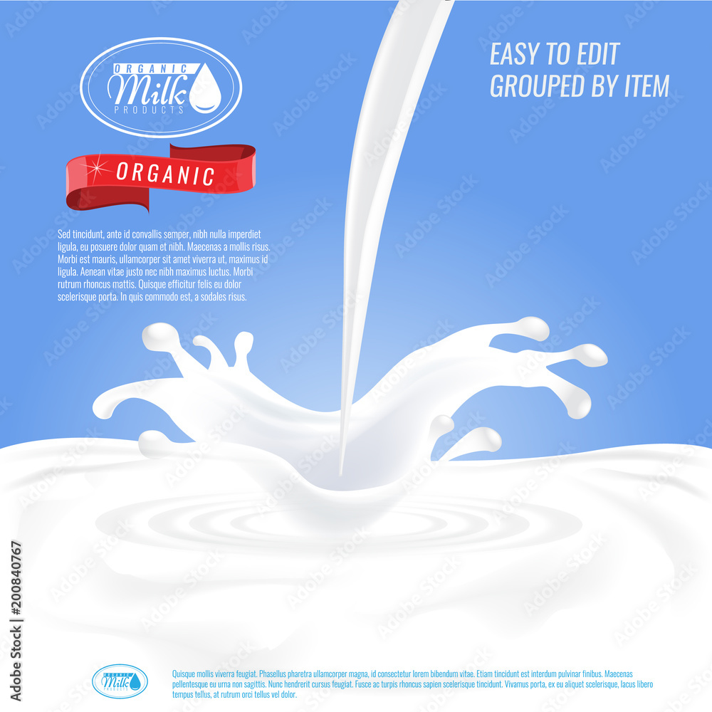 Package design with milk splash for milky dairy products. Avertisement ...