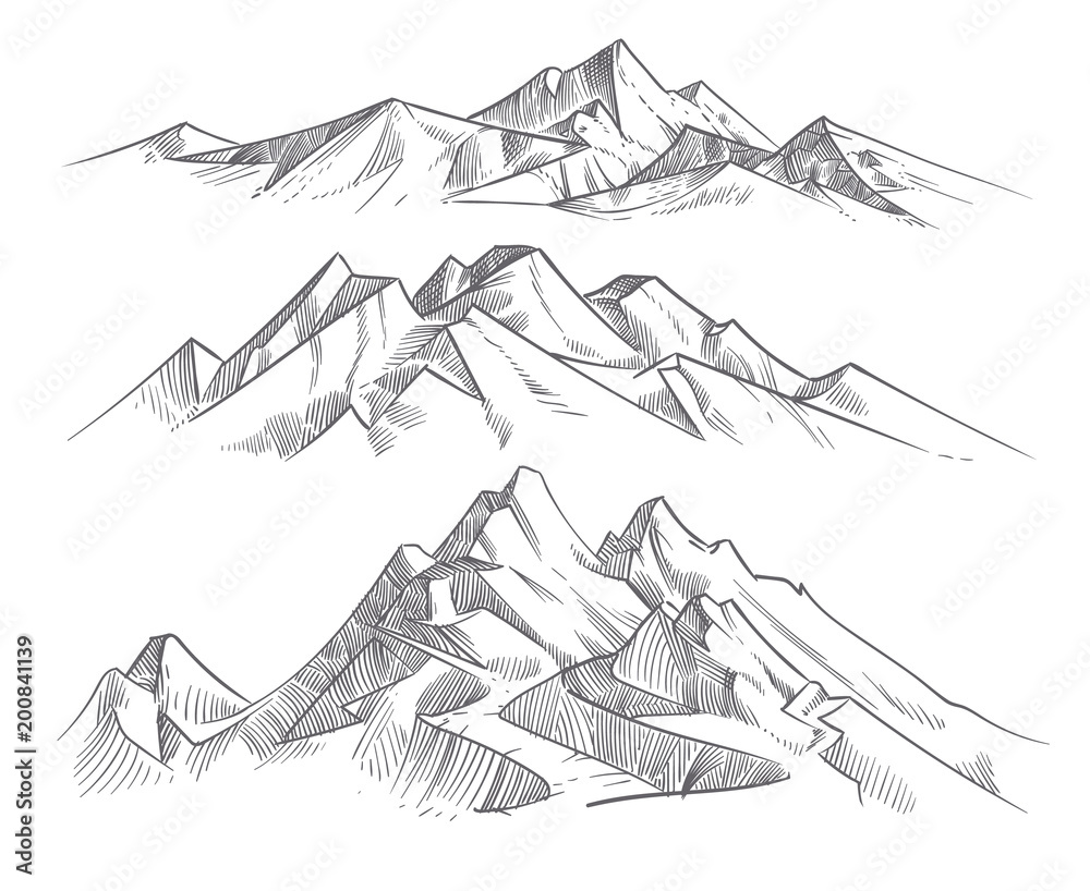 Hand drawing mountain ranges in engraving style. Vintage mountains ...
