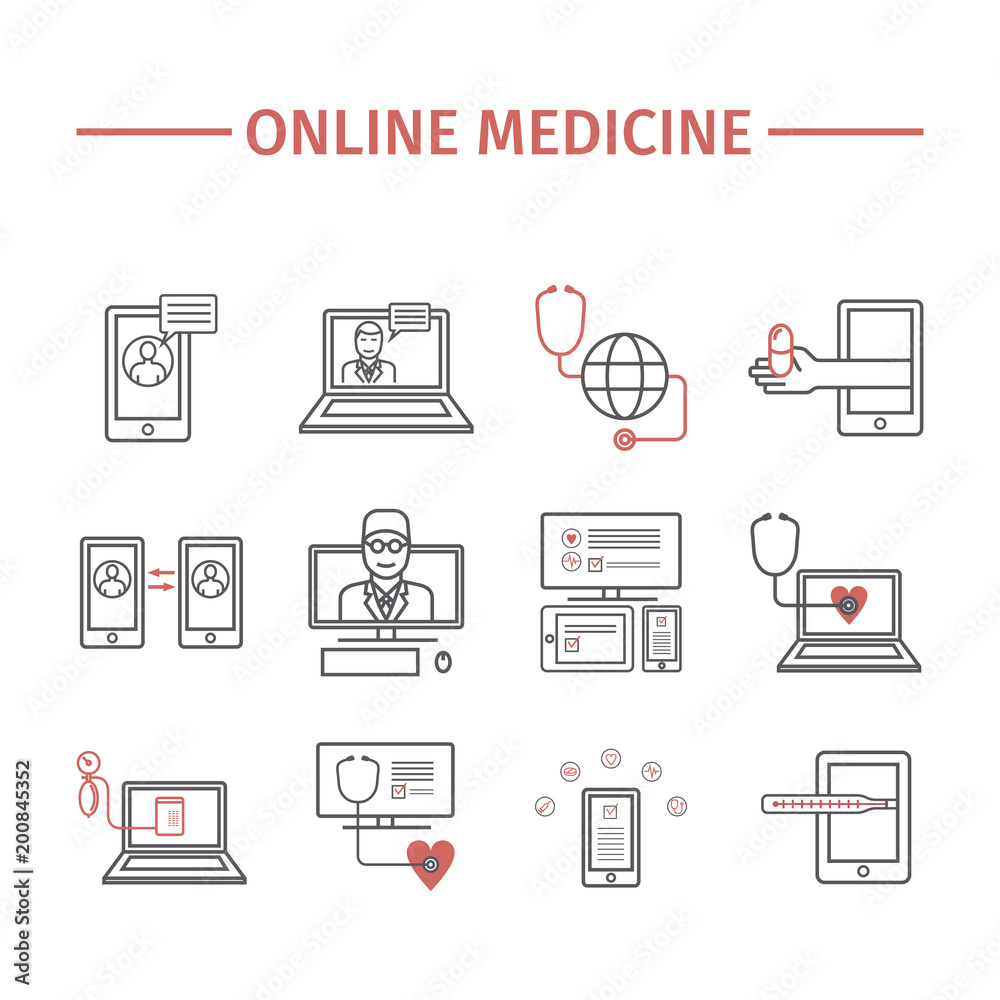 Online diagnosis and treatment. Virtual medical consultation. Vector ...