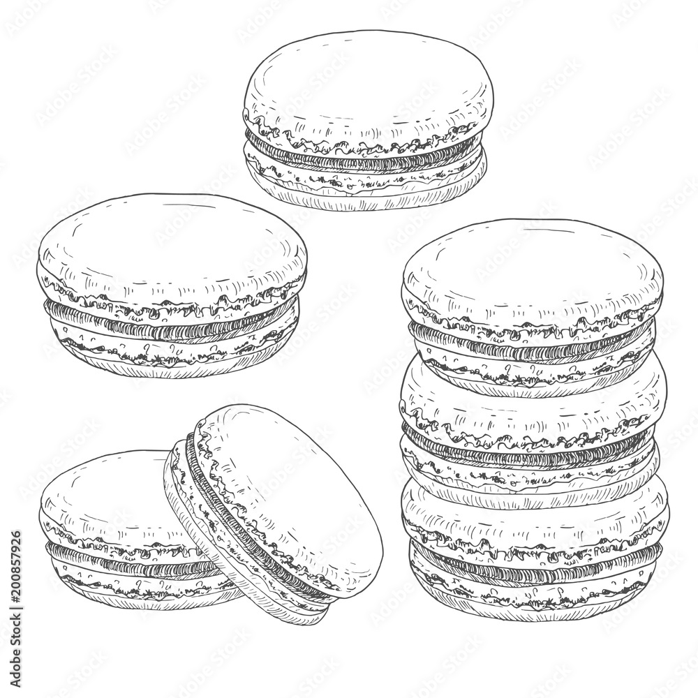 Hand drawn macarons french sweets, etching ink line art set isolated on ...