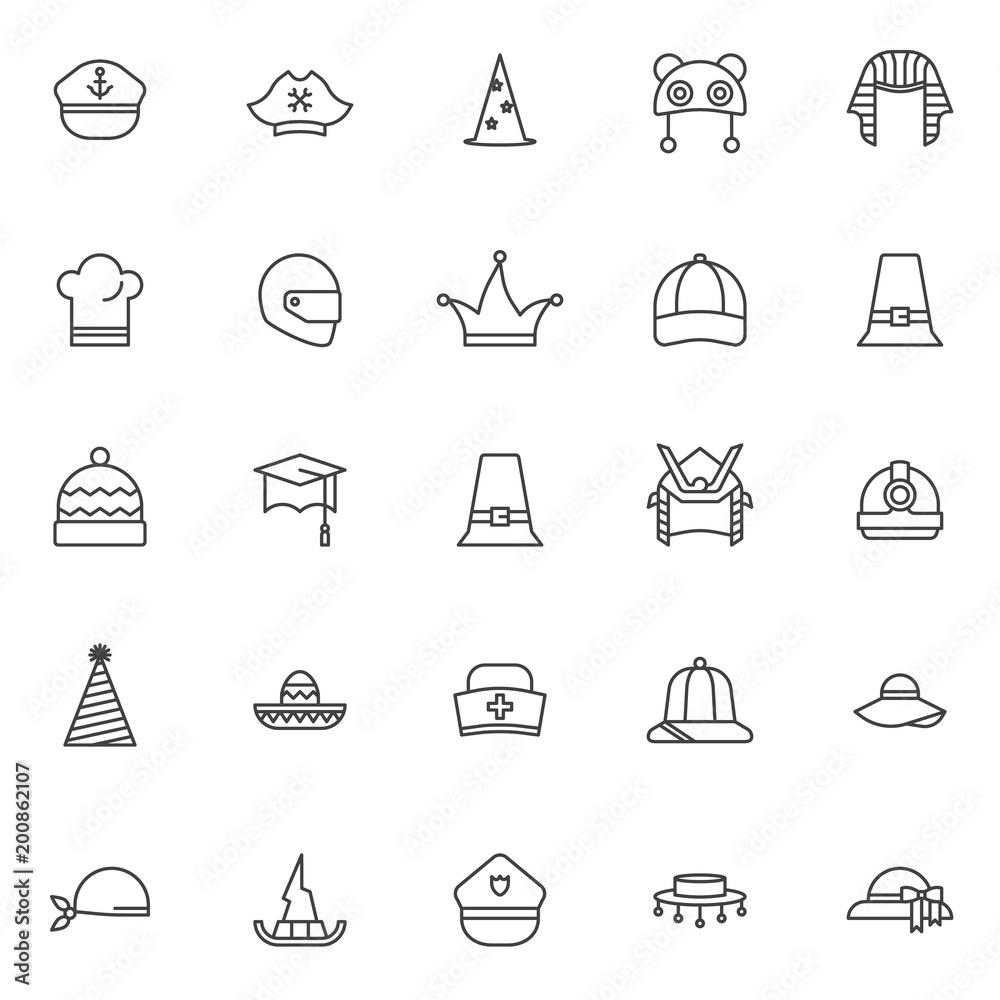 Headdress outline icons set. linear style symbols collection, line ...