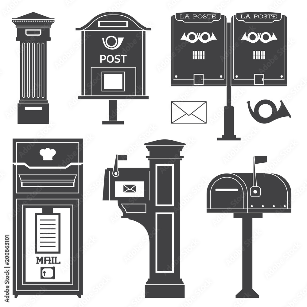 Vintage street mail post boxes and mailboxes icons. Outline monochrome ...