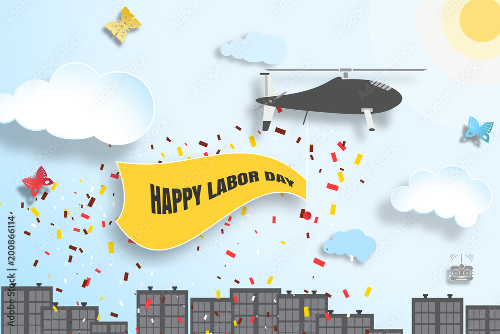 Vector wide poster of Happy Labor Day greetings with fying helicopter ...