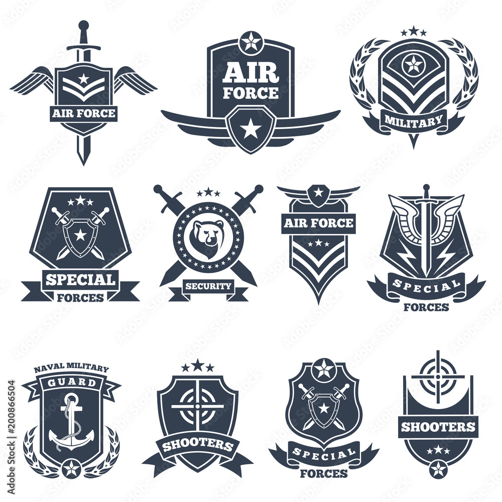 Military logos and badges. Army symbols isolated on white background ...
