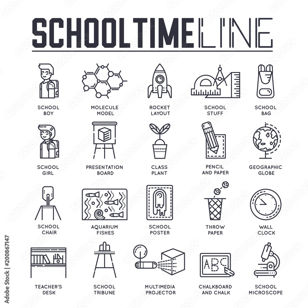 Thin line cute young male and female kids standing together in school ...