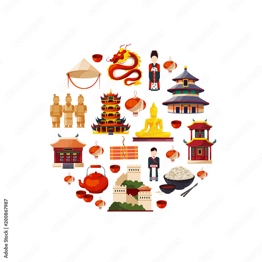 Vector flat style china elements and sights gathered in circle ...