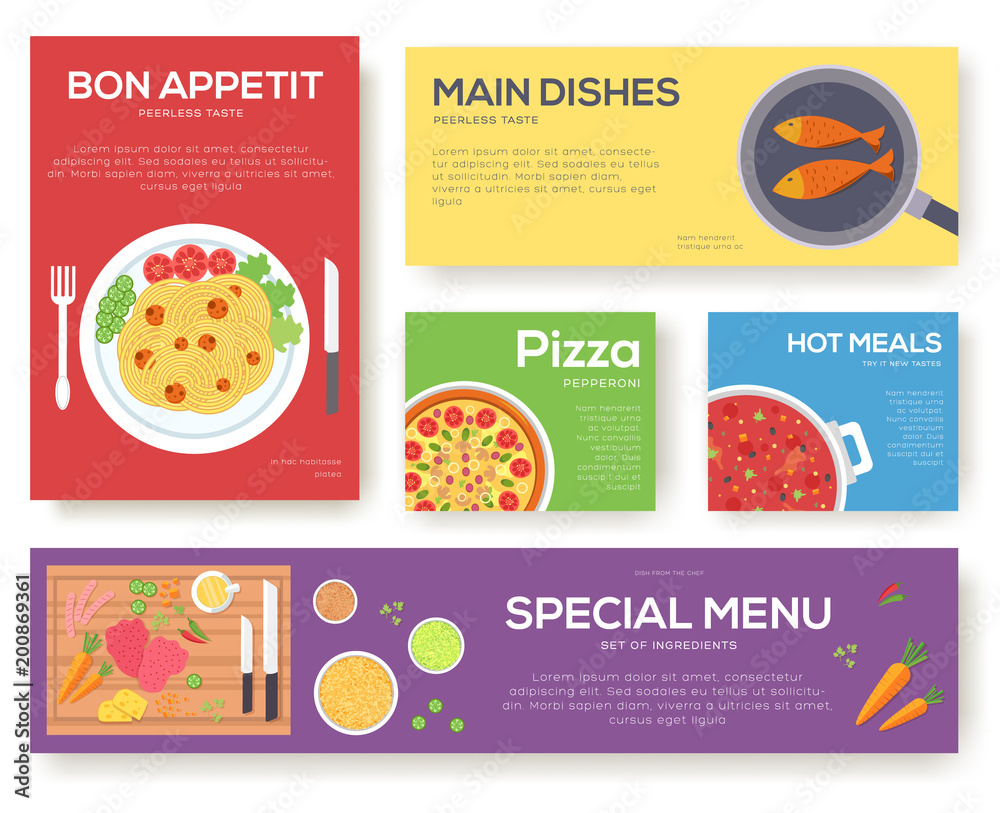Cooking set cards with menu vector background. Cooking menu banner ...