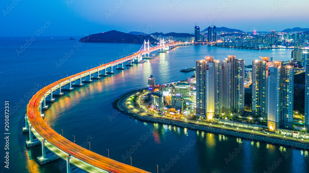 Aerial view busan gwangandaegyo bridge or gwangan bridge and busan city ...