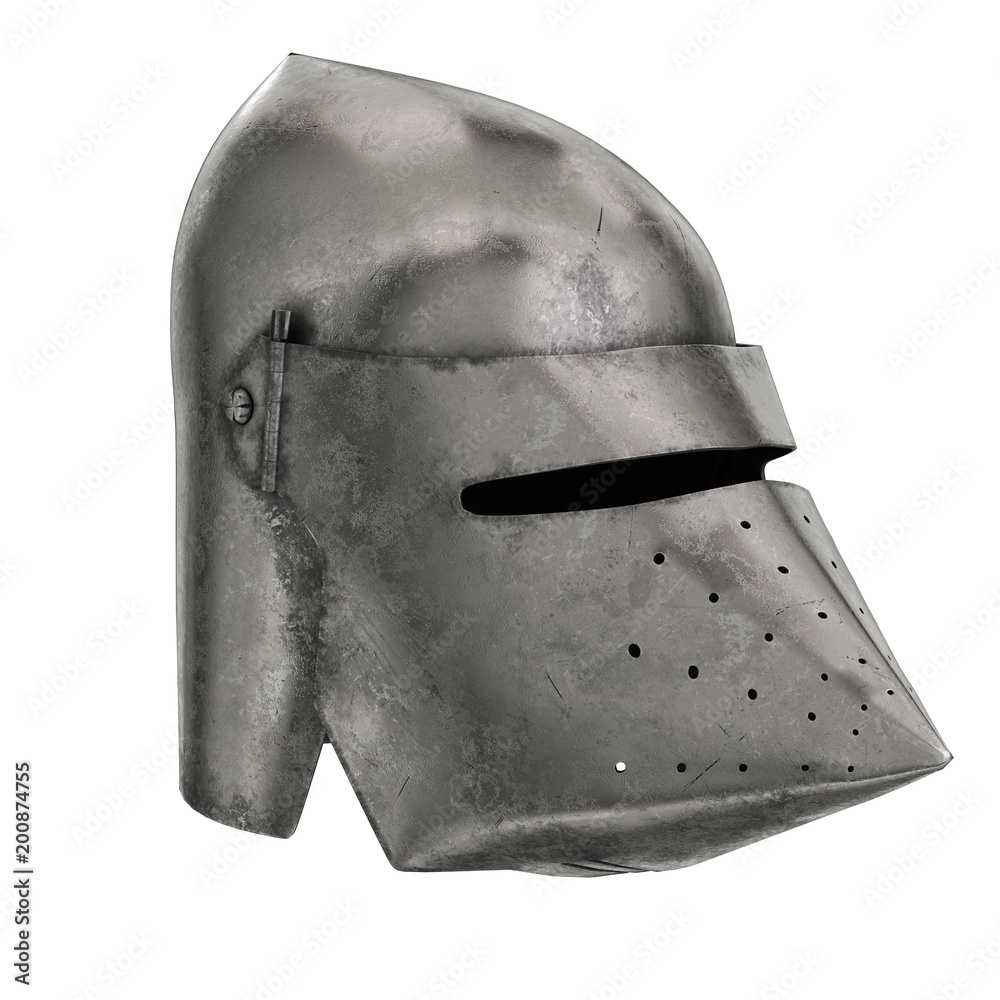 Medieval Knight Bascinet Helmet with visor. Perspective view. Used for ...