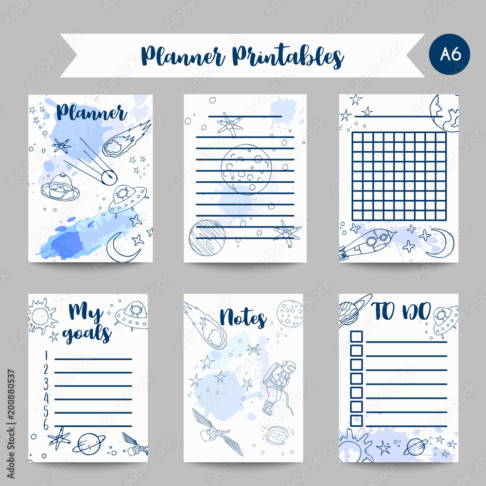 Printables Space theme planner with Hand Drawn Illustrations. Planets ...