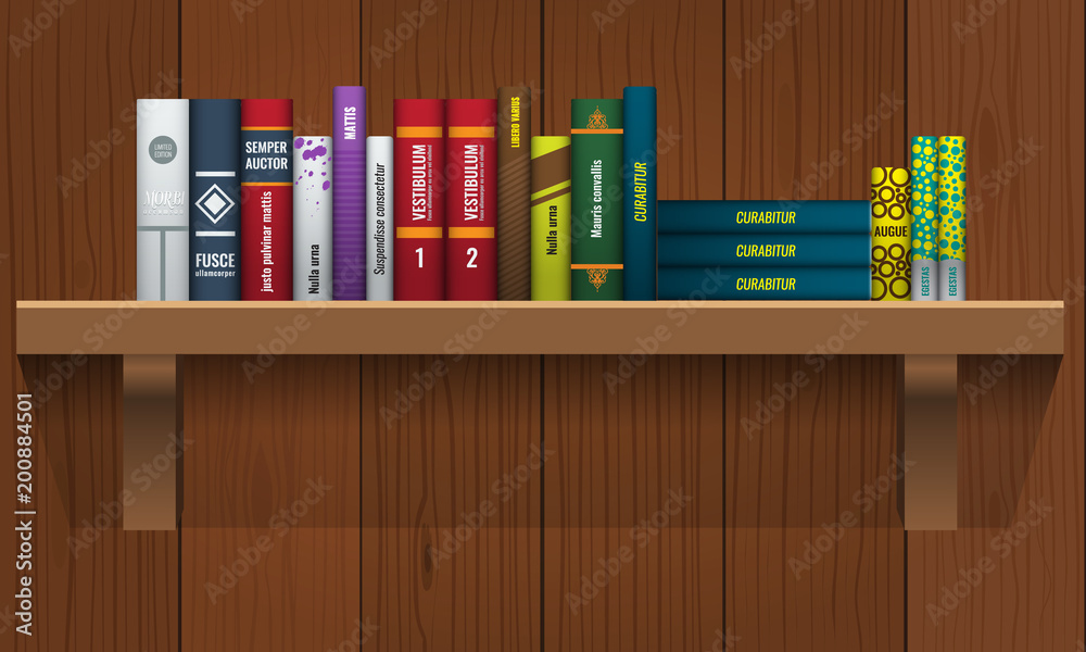 Vector Book shelf with realistic books stalks. Back side view. Stock ...